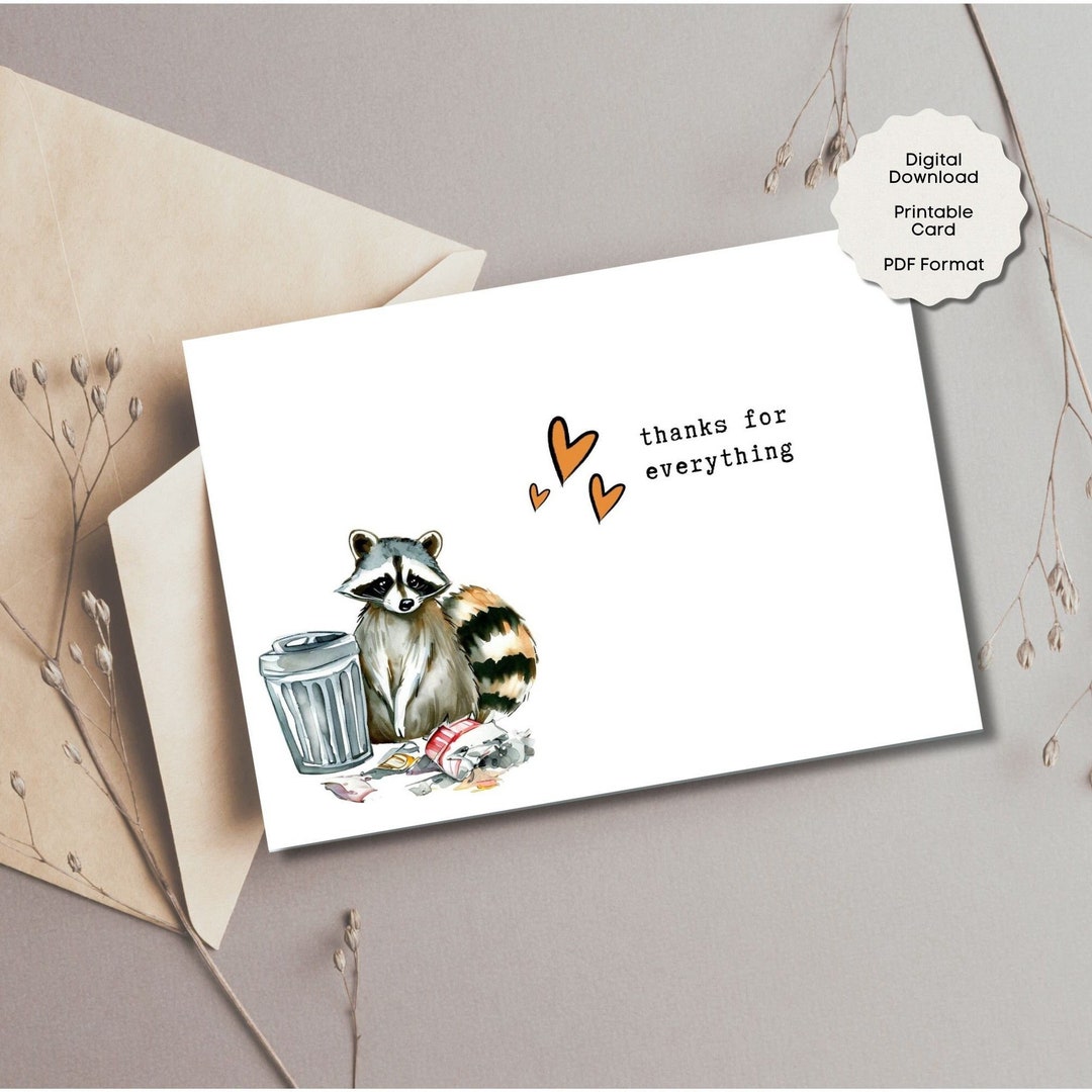 Cute Racoon Printable Thank You Card, Trash Panda Gratitude Greeting ...
