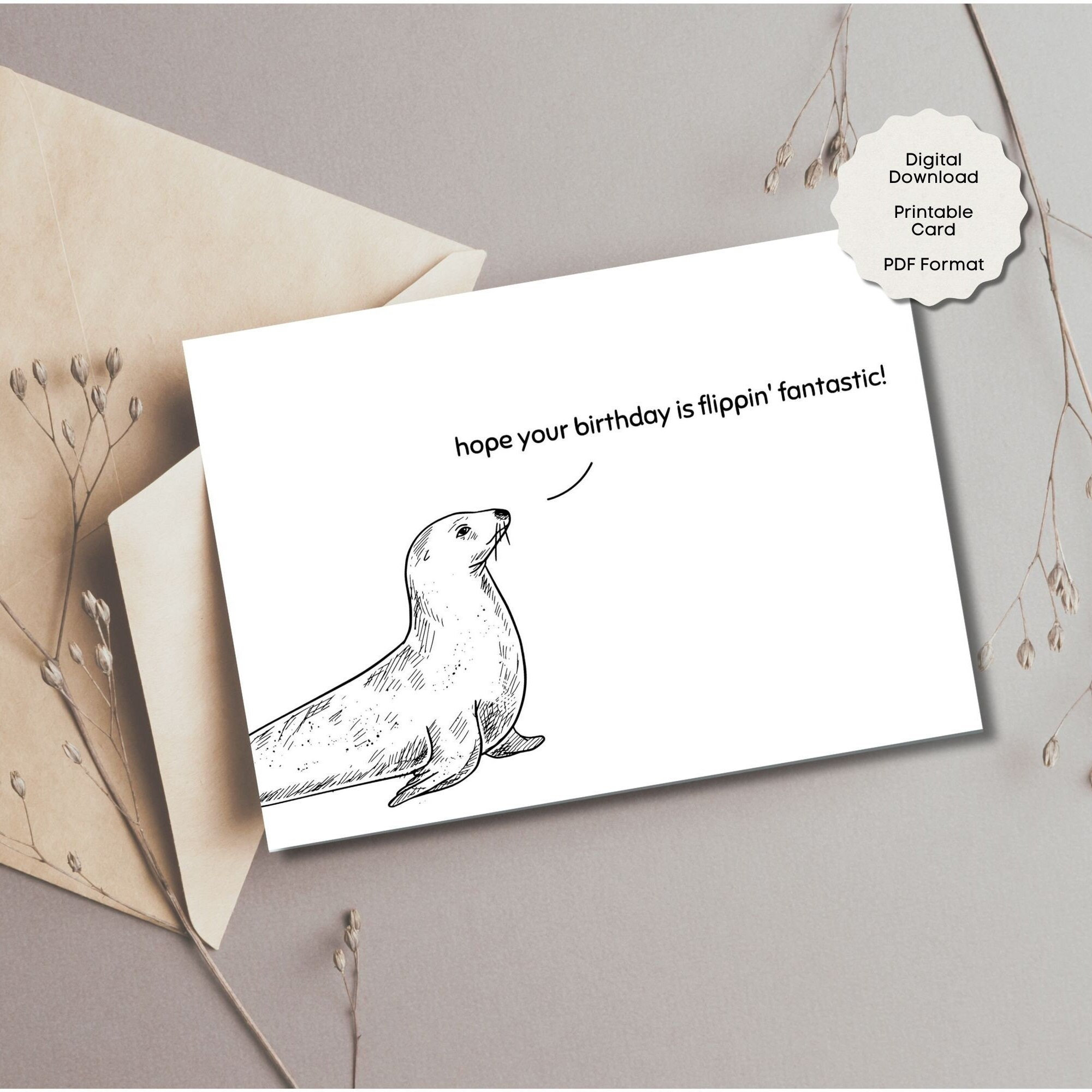 Cute Seal Birthday Card Printable, Sea Creature Birthday Greeting Blank ...