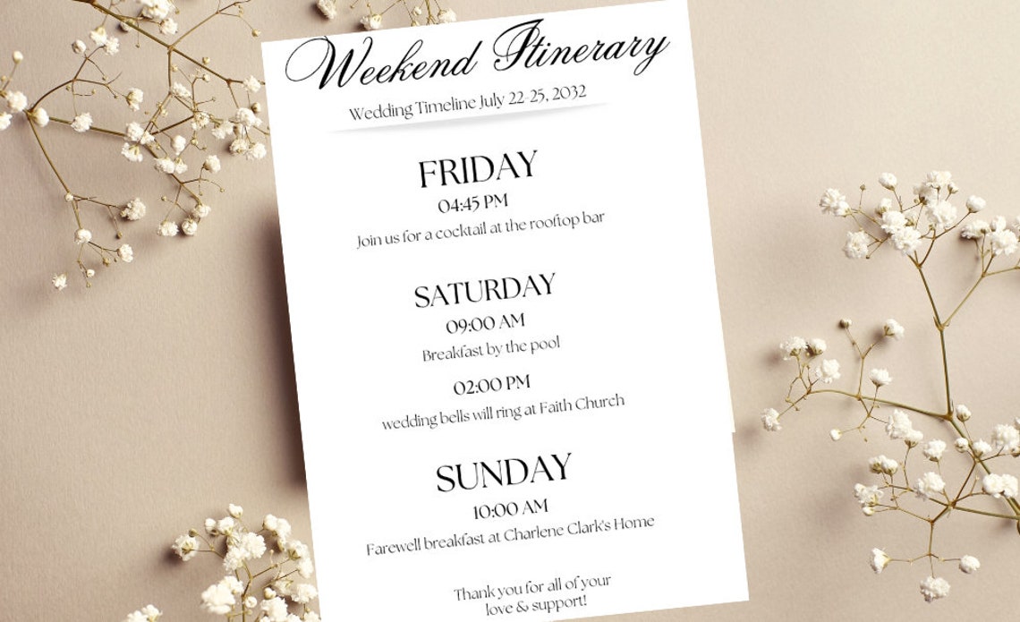 Wedding Program Template, Weekend Wedding Itinerary Template, Wedding ...