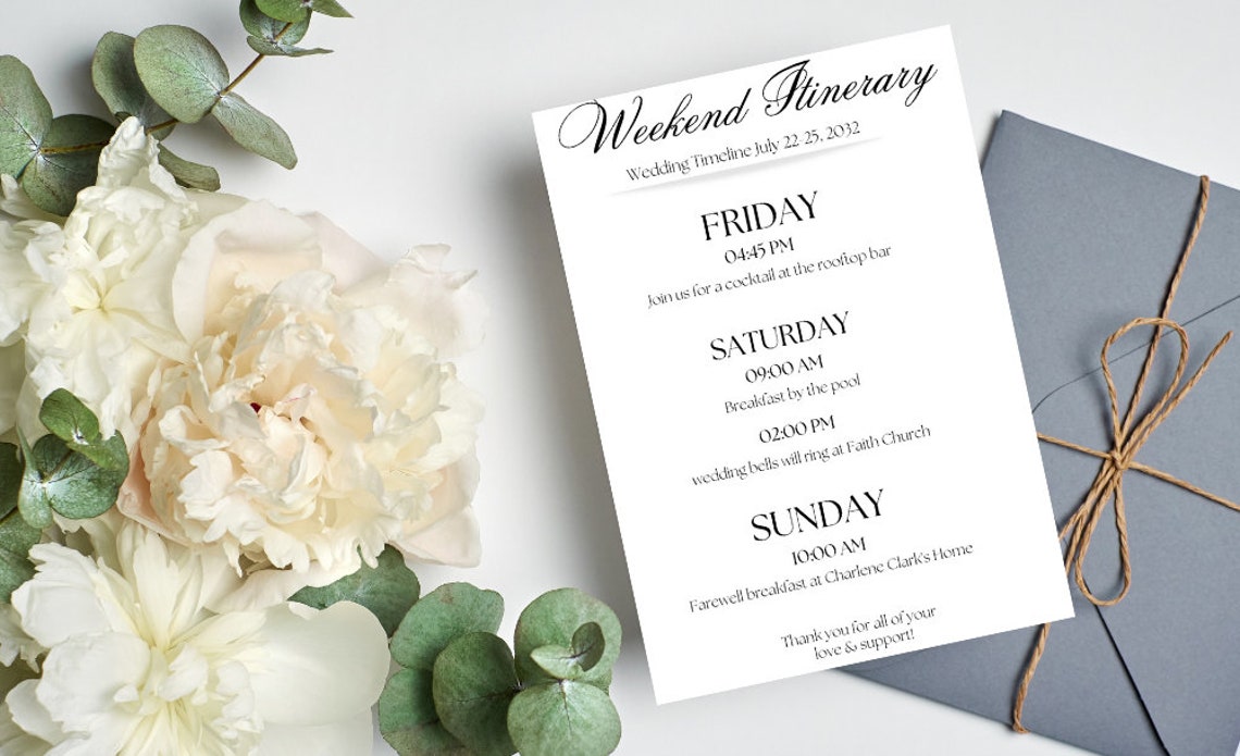 Wedding Program Template, Weekend Wedding Itinerary Template, Wedding ...