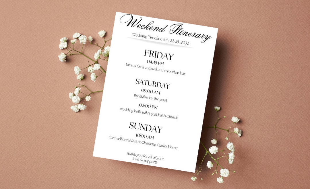 Wedding Program Template, Weekend Wedding Itinerary Template, Wedding ...