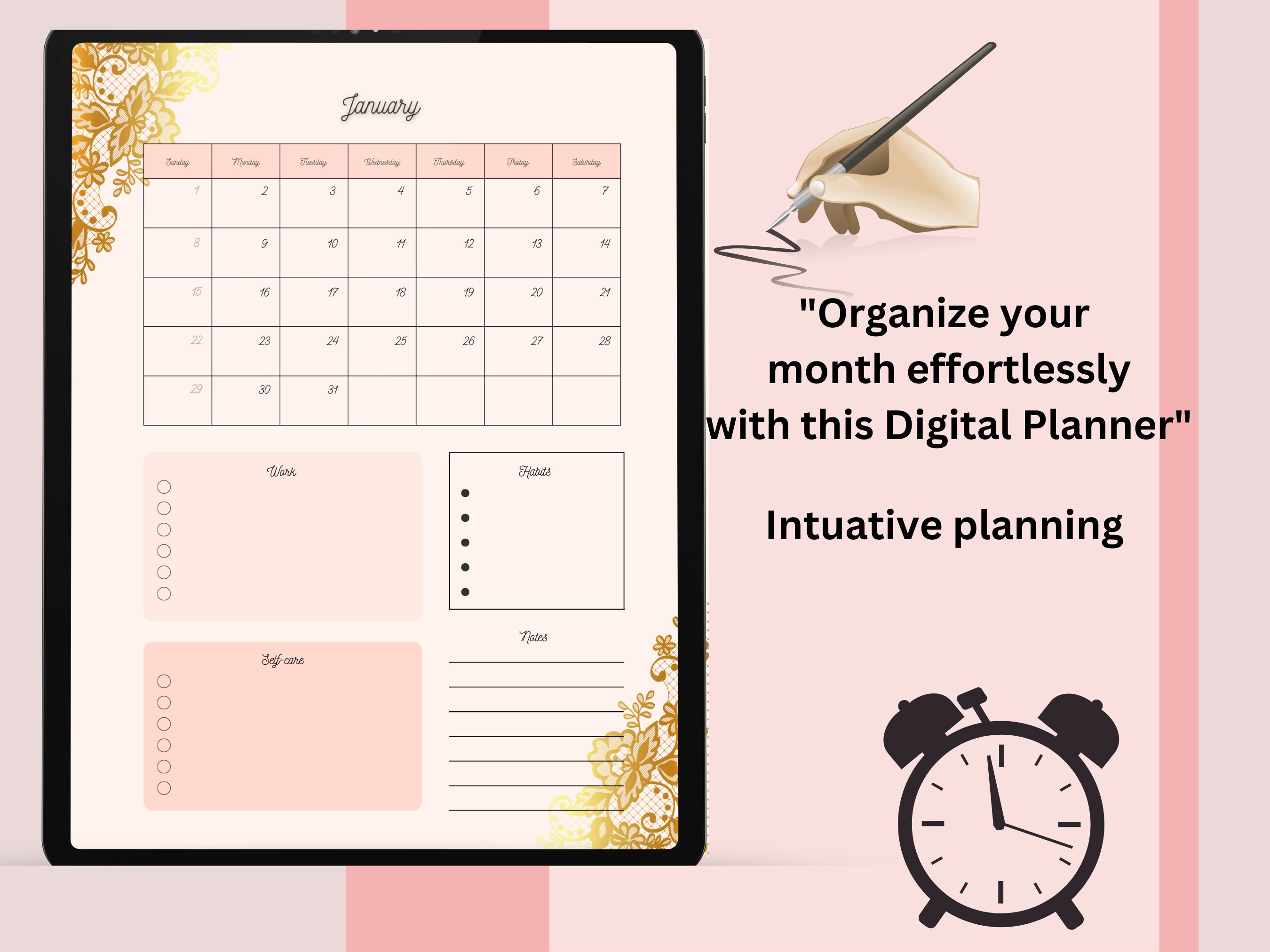 Digital Download Planner, Pink Marble Front Cover Design Monthly ...