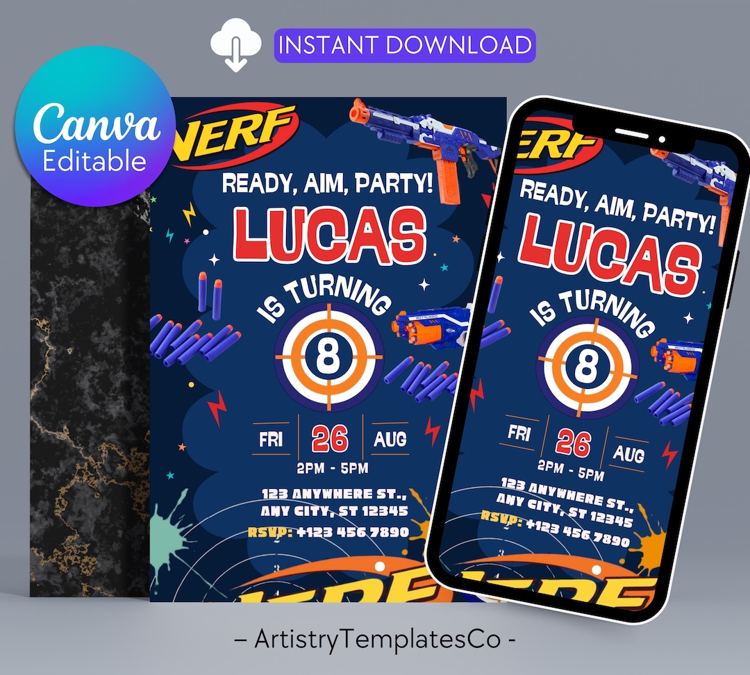 Editable Nerf Birthday Invitation, Nerf Kids Birthday Party Invitations ...