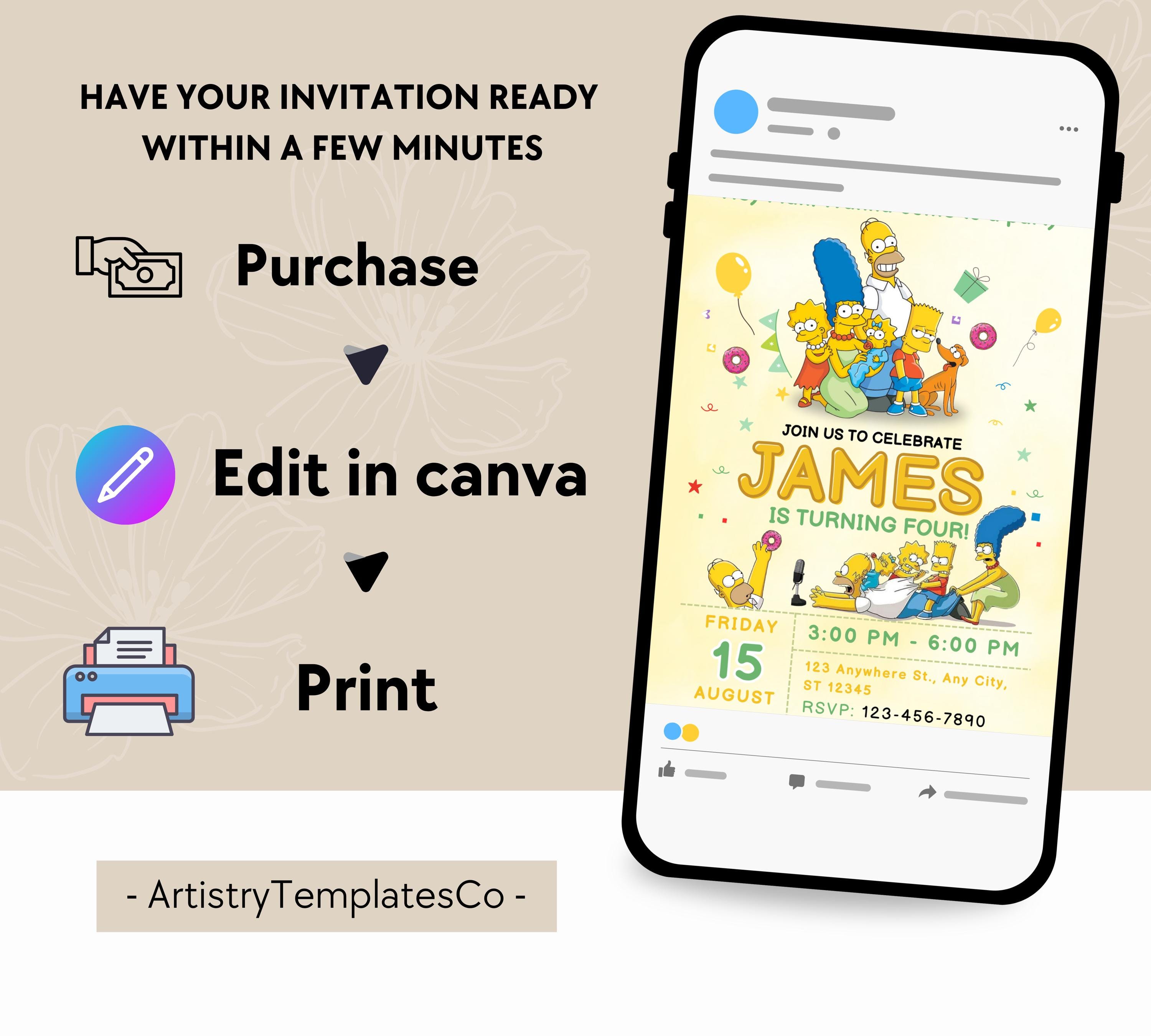 Editable Simpsons Birthday Invitation, Printable Birthday Party ...