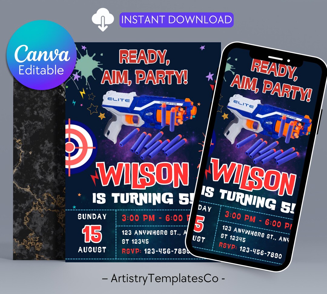 Kids Editable Nerf Birthday Invitation, Birthday Nerf Party Invitations ...