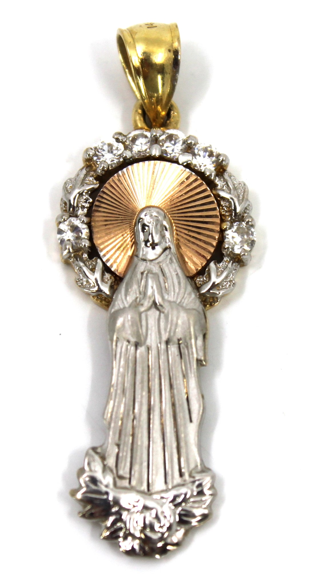 14k Solid Gold 3 Tone Virgin Mary / Jesus Pendant With Cubic Zirconia ...