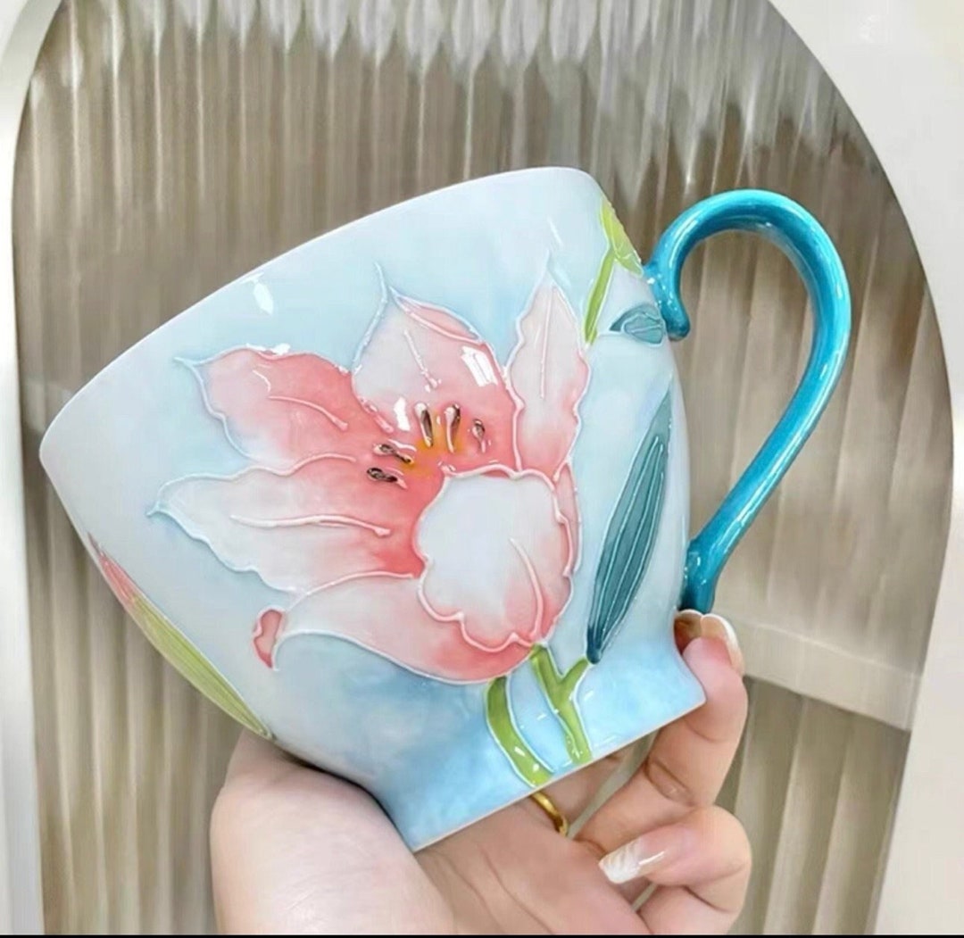 Handmade Large Ceramic Blue Flower Coffee Mug Ceramic Oats - Etsy