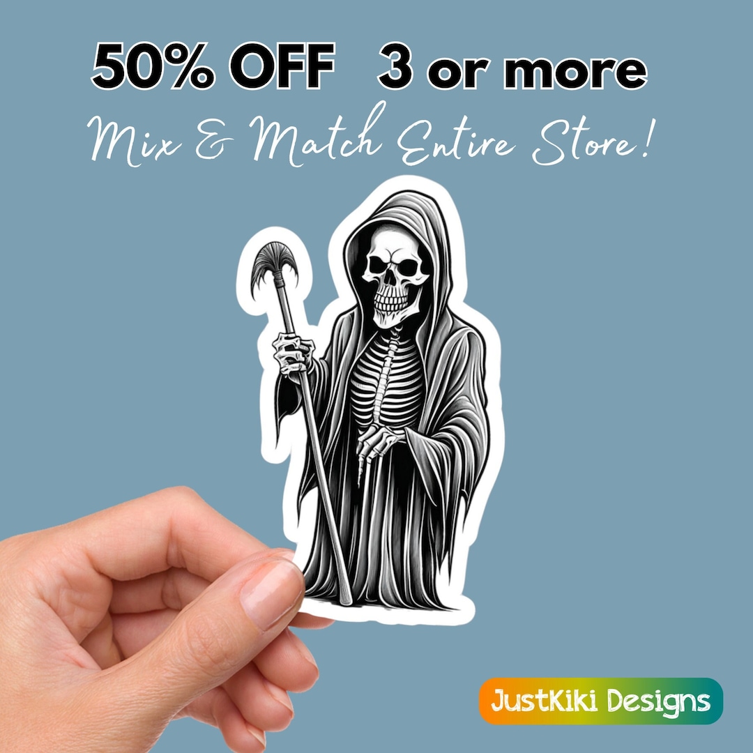 Grim Reaper Sticker, Halloween Laptop Sticker, Creepy Ghoul Vinyl ...