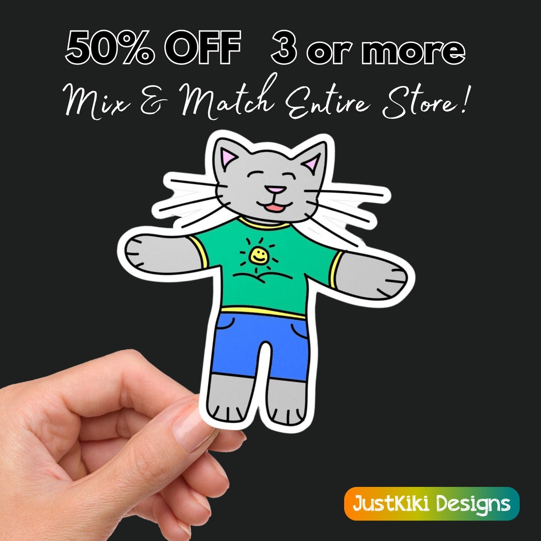 Hand Drawn Cat Hug Sticker, Cute Animal, Funny Catboy Cartoon Vinyl ...