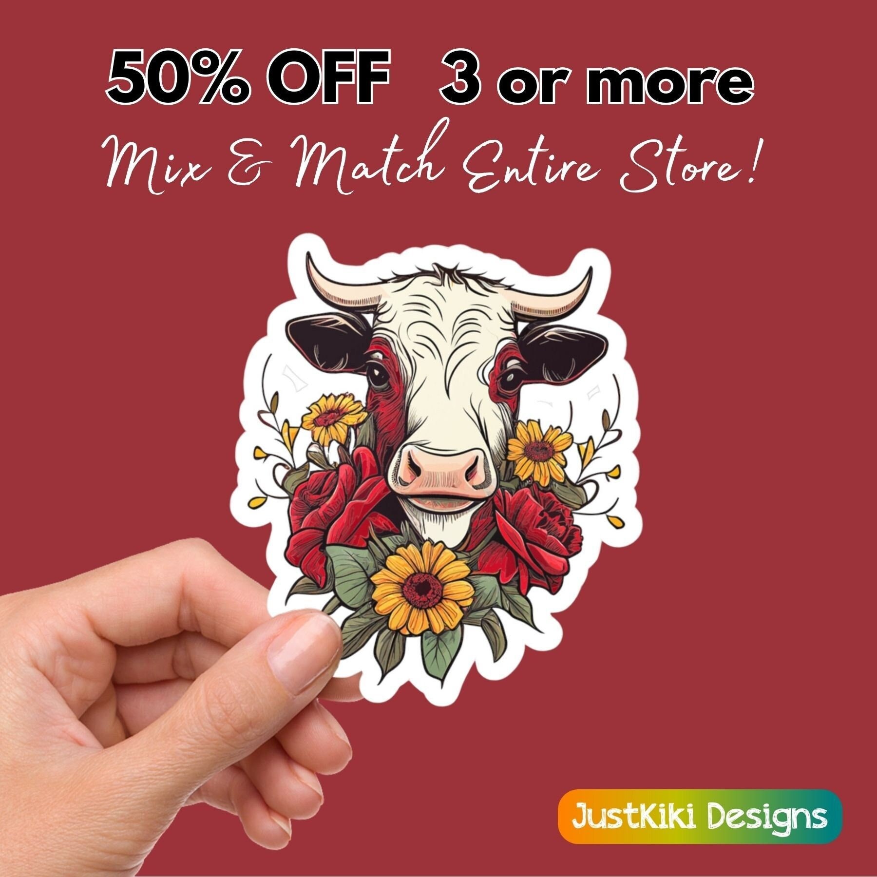 Highland Cow With Roses Sticker Cute Cow Western Aesthetic - Etsy