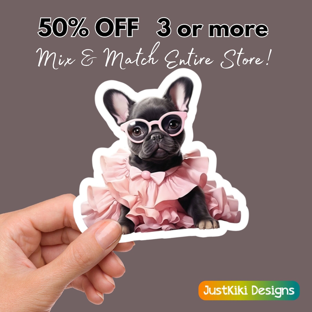 Cute Frenchie Puppy Sticker, French Bulldog in Pink Dress Laptop ...