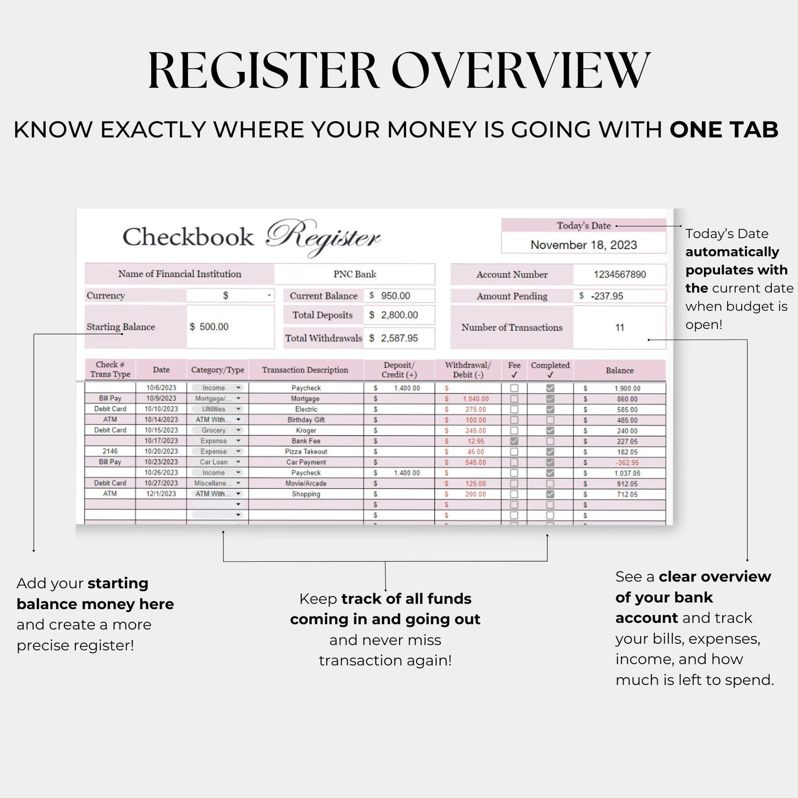 Excel Checkbook Register, Income and Expense Tracker, Pink Excel ...