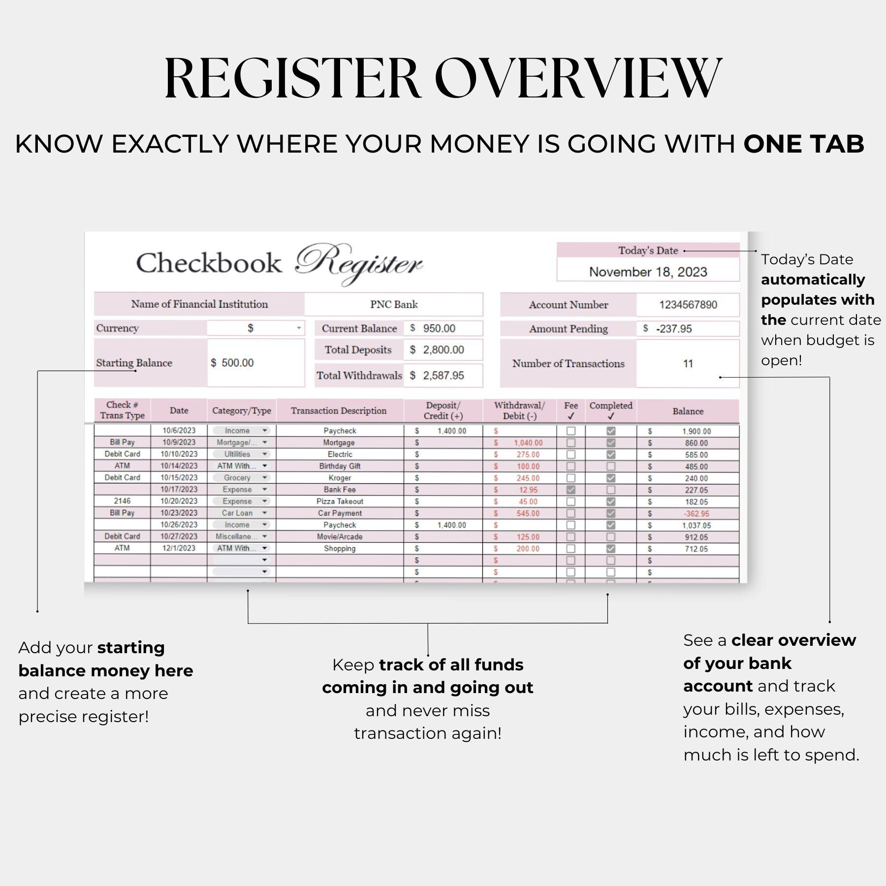 Excel Checkbook Register, Income and Expense Tracker, Pink Excel ...