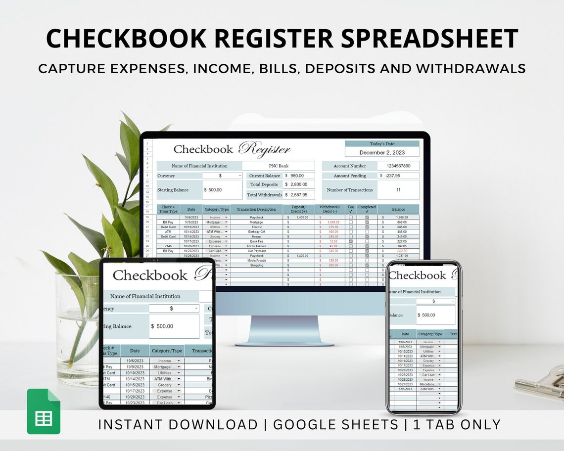 Digital Checkbook Register, Income and Expense Tracker, Spending Ledger ...