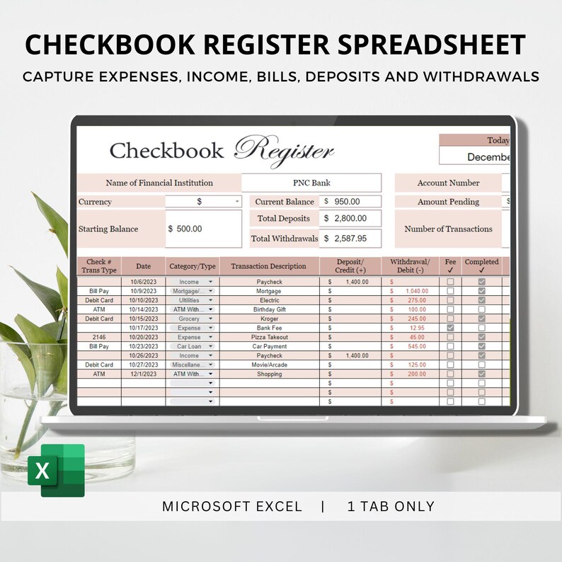 Excel Checkbook Register, Income and Expense Tracker, Brown Excel Spreadsheet, Monthly Budget ...