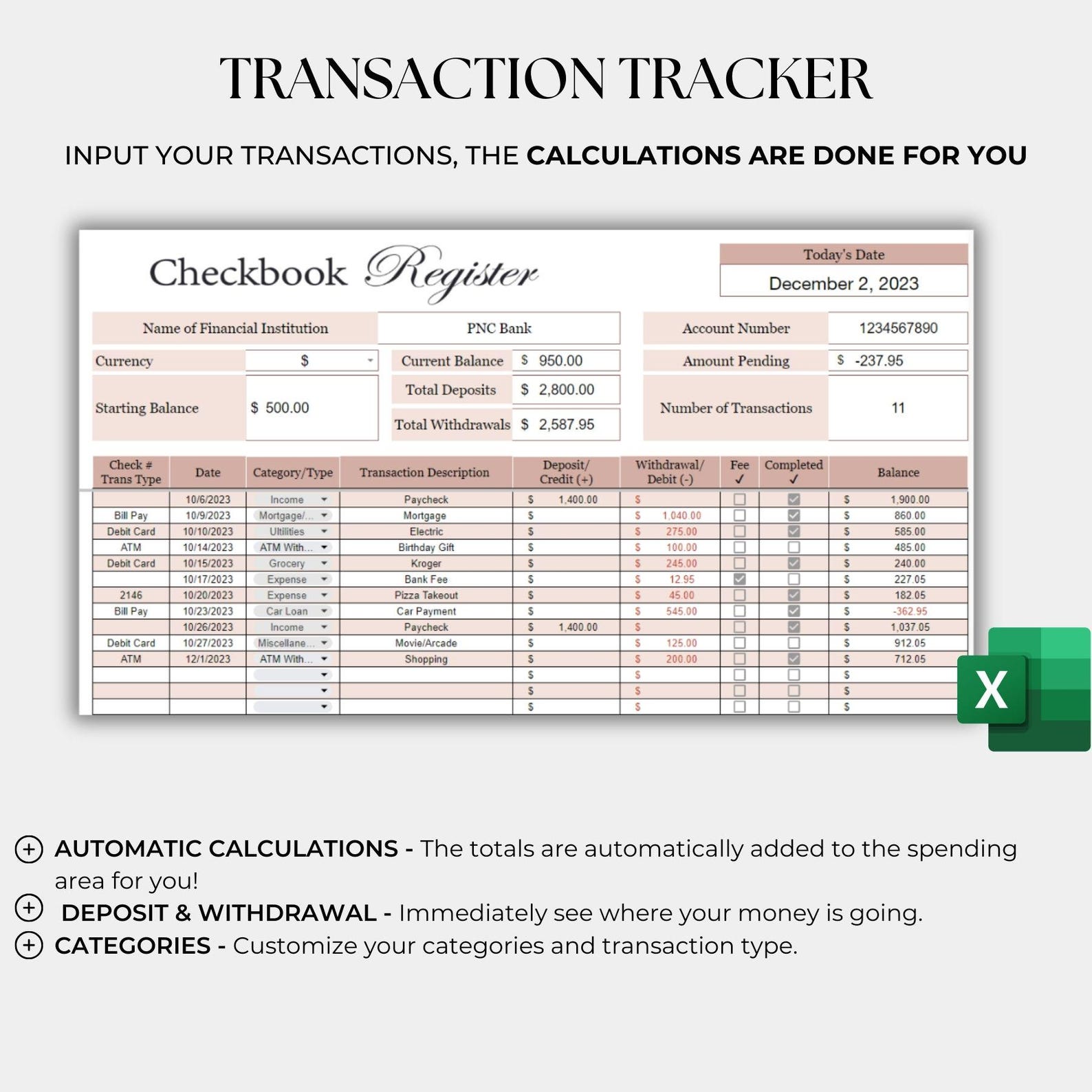 Excel Checkbook Register, Income and Expense Tracker, Brown Excel ...