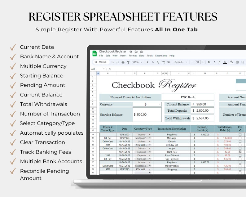 Digital Checkbook Register Income And Expense Tracker Spending Ledger Monthly Budget Template 