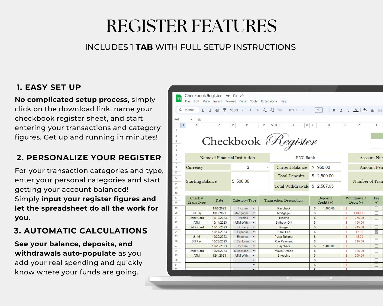 Digital Checkbook Register, Income and Expense Tracker, Spending Ledger ...