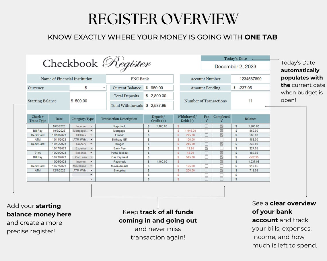 Digital Checkbook Register, Income and Expense Tracker, Spending Ledger, Monthly Budget Template ...