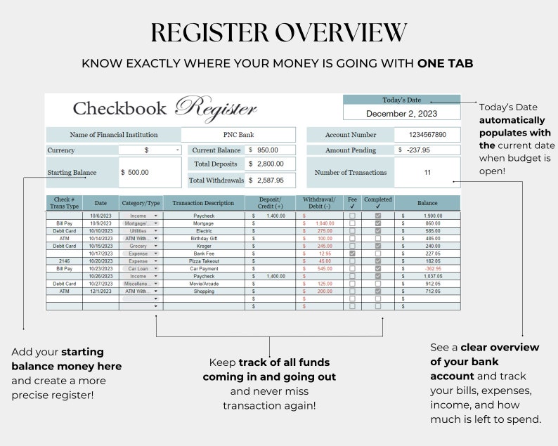 Digital Checkbook Register, Income and Expense Tracker, Spending Ledger ...