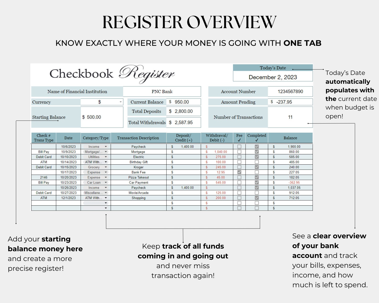 Digital Checkbook Register, Income and Expense Tracker, Spending Ledger ...