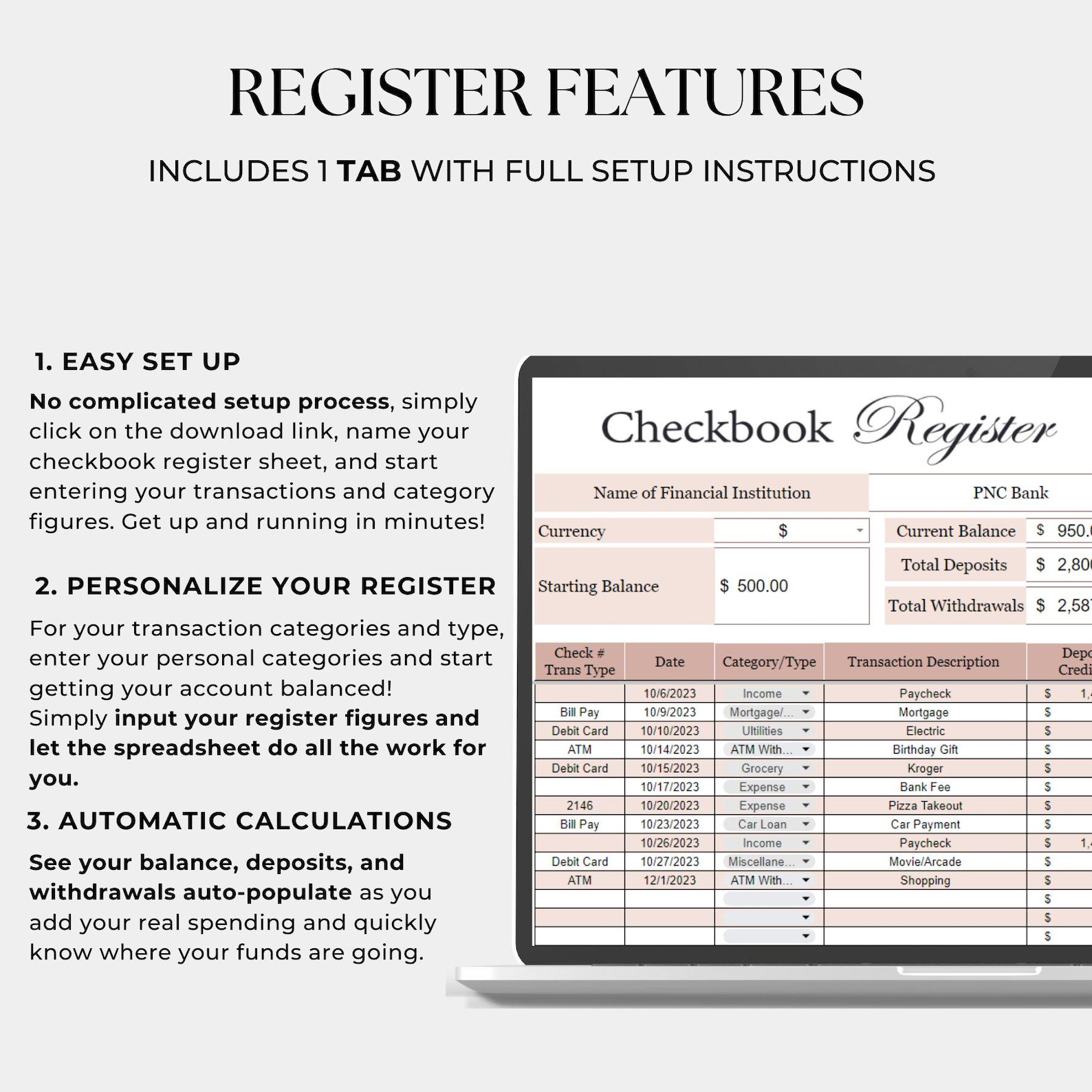 Excel Checkbook Register, Income and Expense Tracker, Brown Excel ...