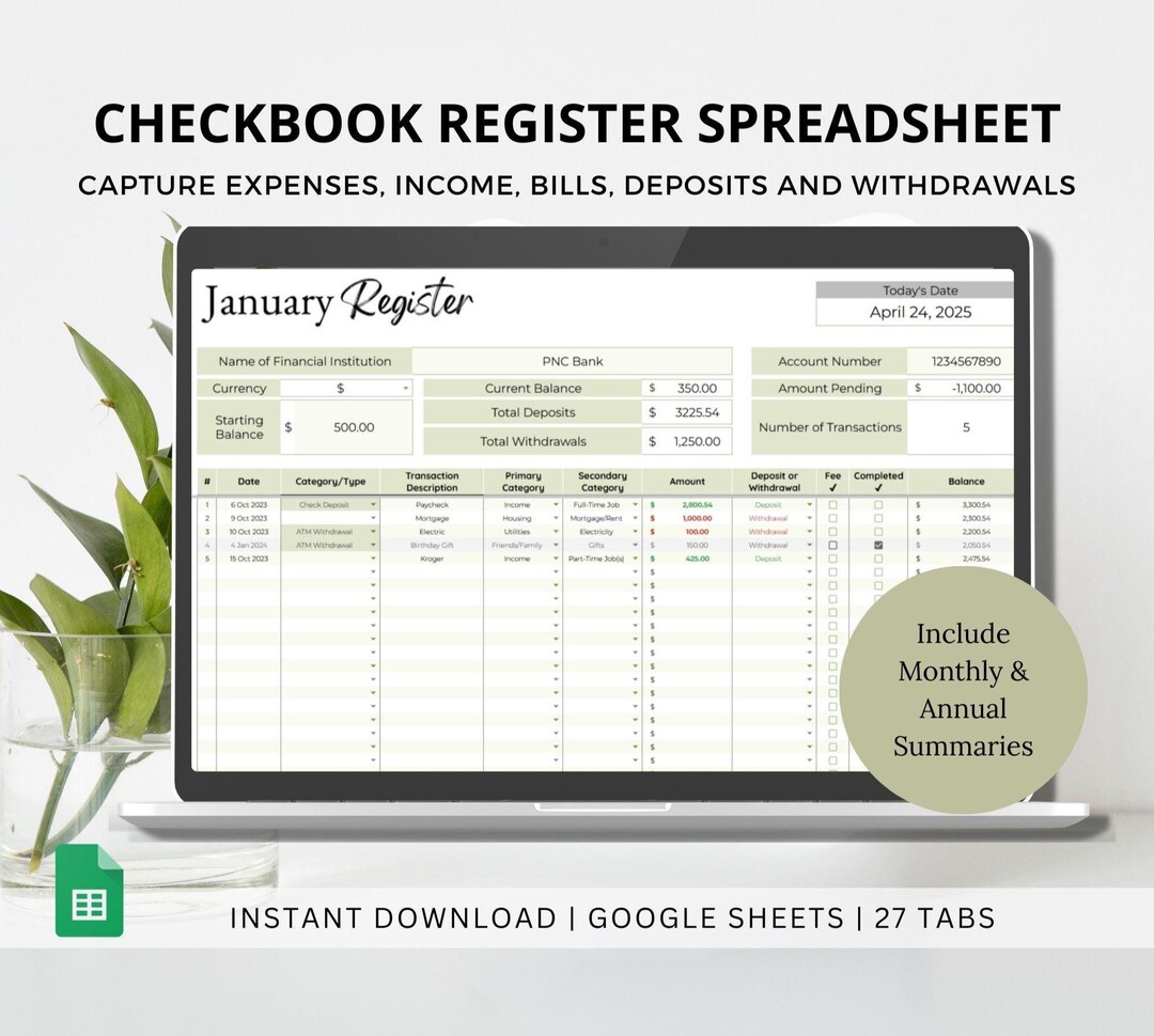 Digital Checkbook Register, Income and Expense Tracker, Monthly Budget ...