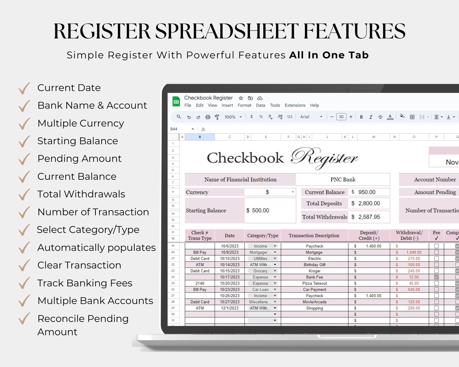 Digital Checkbook Register, Income and Expense Tracker, Spending Ledger ...