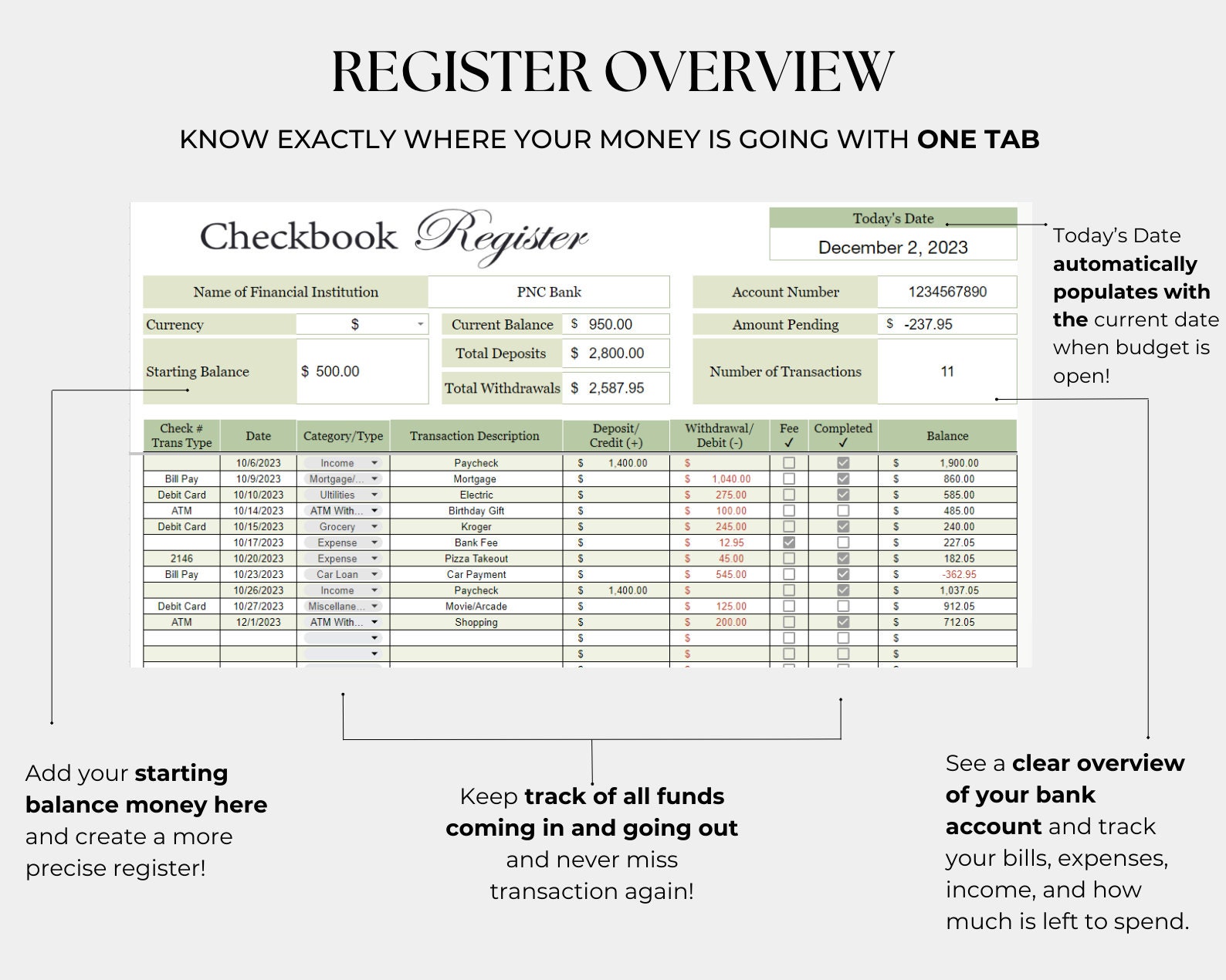 Digital Checkbook Register, Income and Expense Tracker, Spending Ledger ...