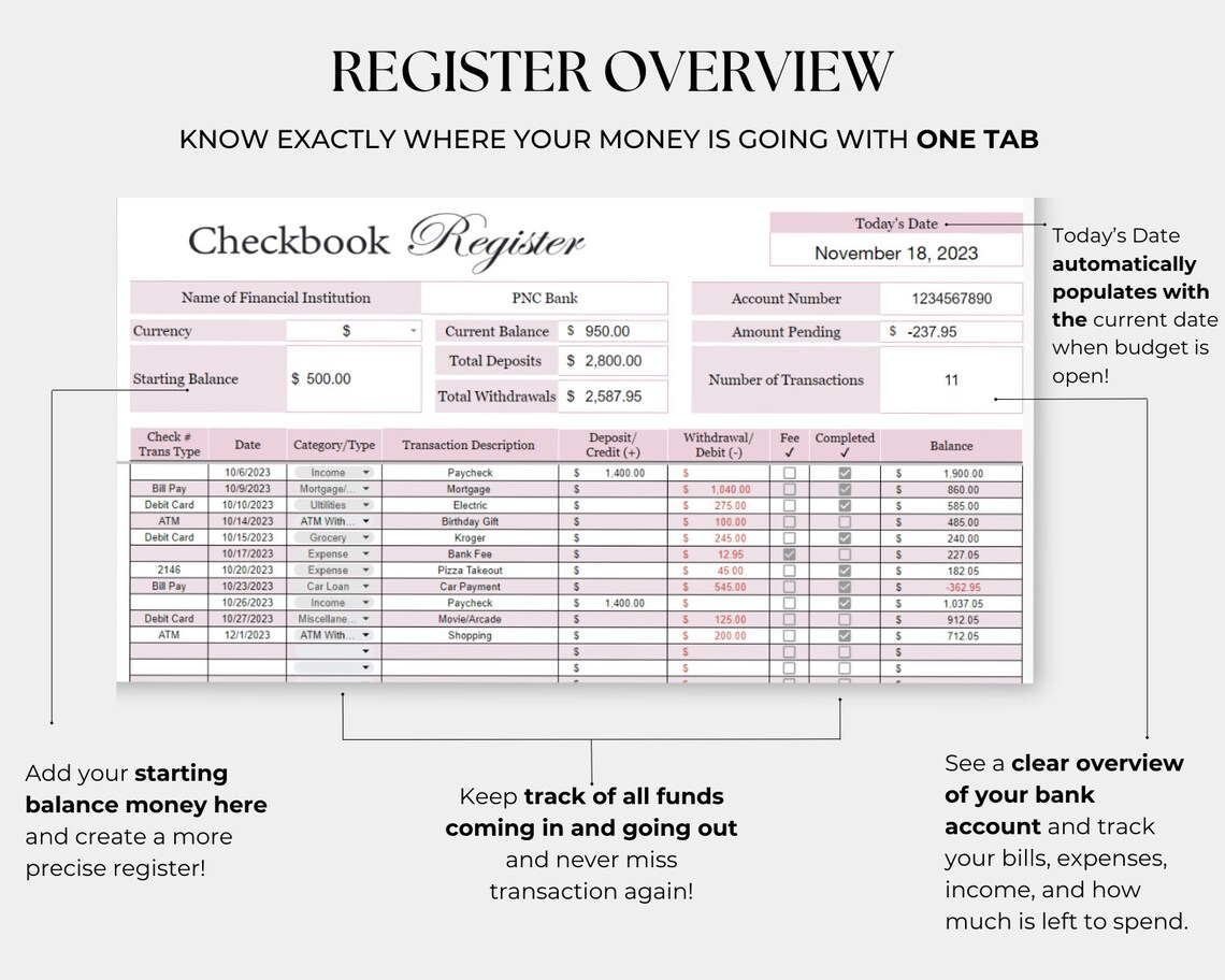 Digital Checkbook Register, Income and Expense Tracker, Spending Ledger ...