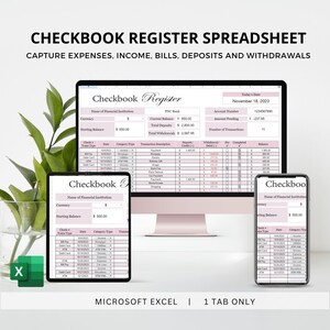 Excel Checkbook Register, Income and Expense Tracker, Pink Excel ...