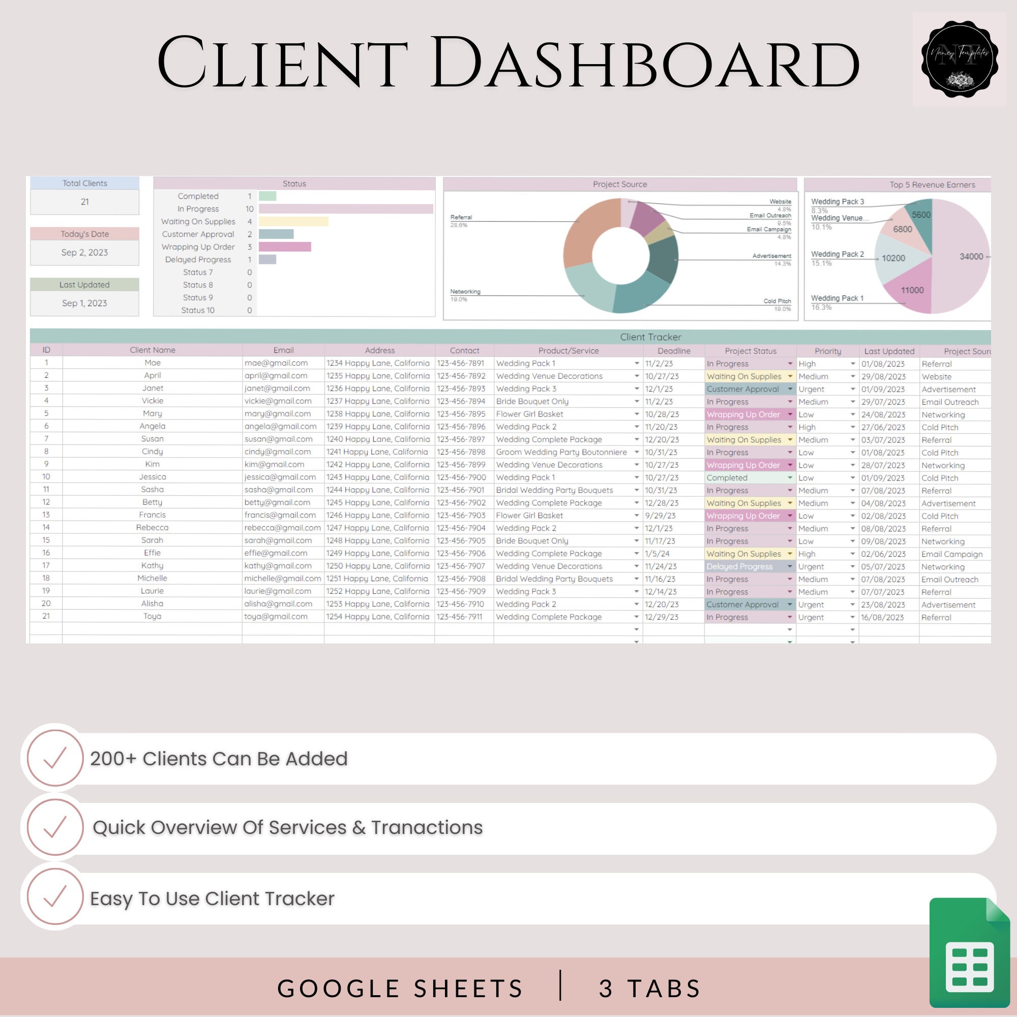 Client List Tracker, Service Agreement, Contact List of Client, Google ...