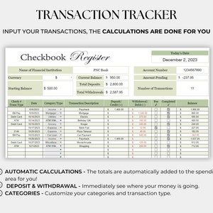 Digital Checkbook Register, Income and Expense Tracker, Spending Ledger ...