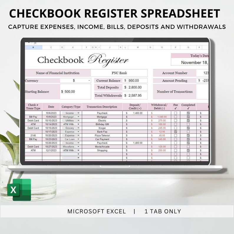 Excel Checkbook Register, Income and Expense Tracker, Pink Excel ...