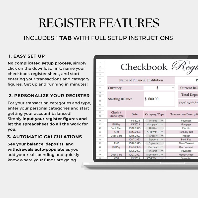 Excel Checkbook Register, Income and Expense Tracker, Pink Excel ...