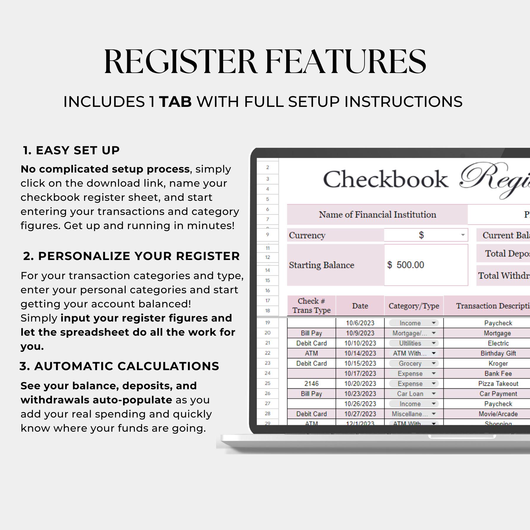 Excel Checkbook Register, Income and Expense Tracker, Pink Excel ...