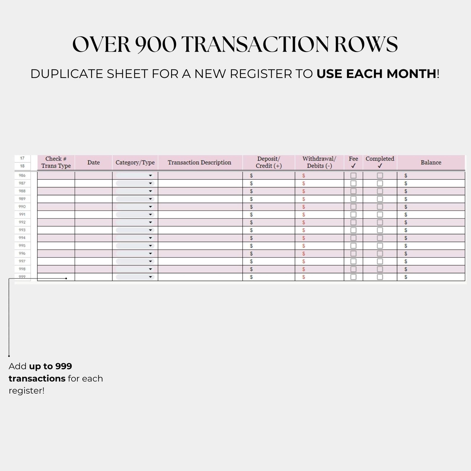 Excel Checkbook Register, Income and Expense Tracker, Pink Excel ...