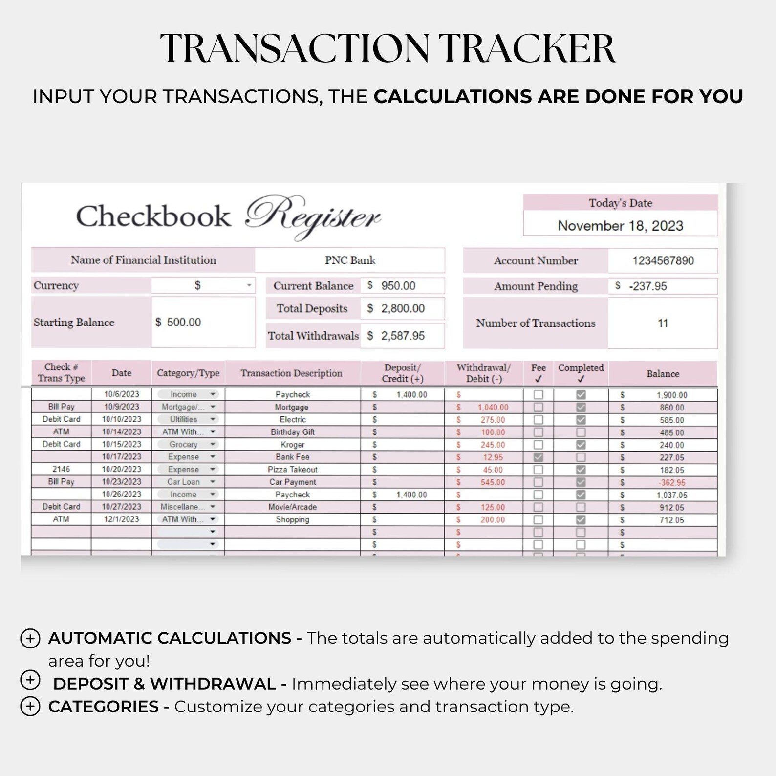 Excel Checkbook Register, Income and Expense Tracker, Pink Excel ...