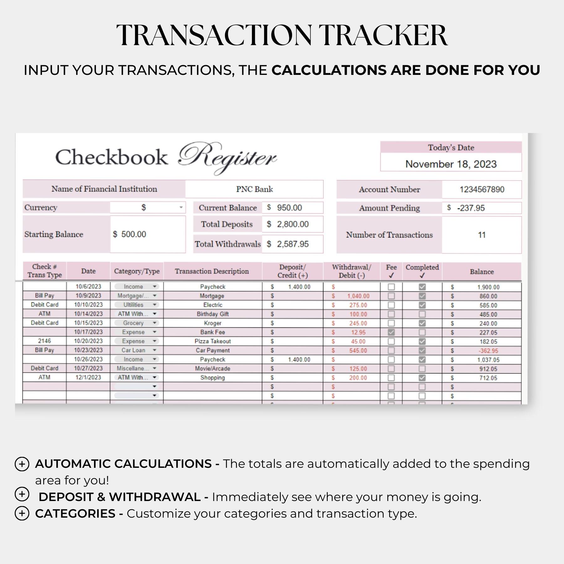Excel Checkbook Register, Income and Expense Tracker, Pink Excel ...
