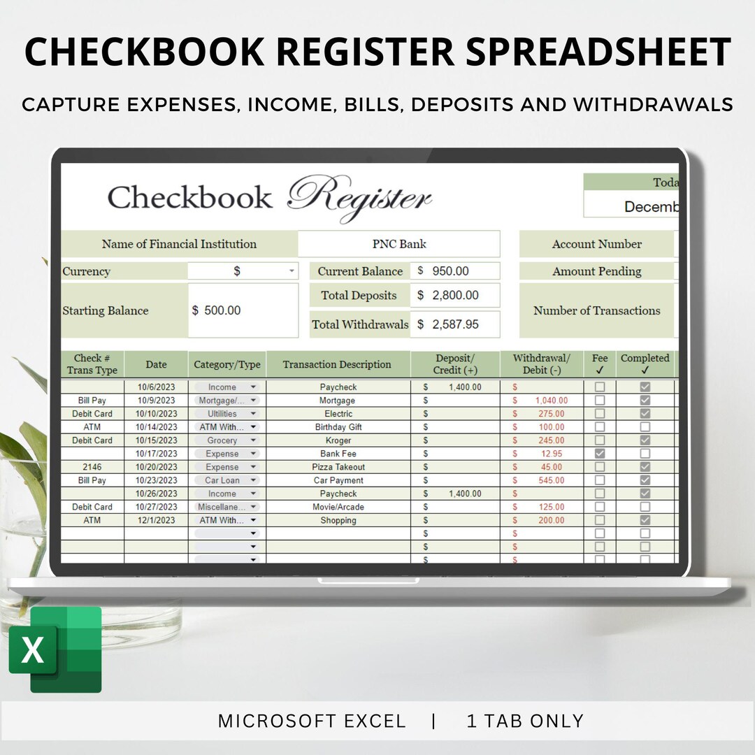 Excel Checkbook Register, Income and Expense Tracker, Green Excel ...
