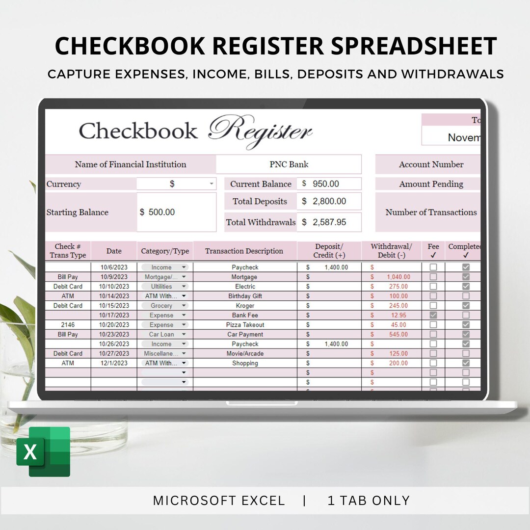 Excel Checkbook Register, Income and Expense Tracker, Pink Excel ...