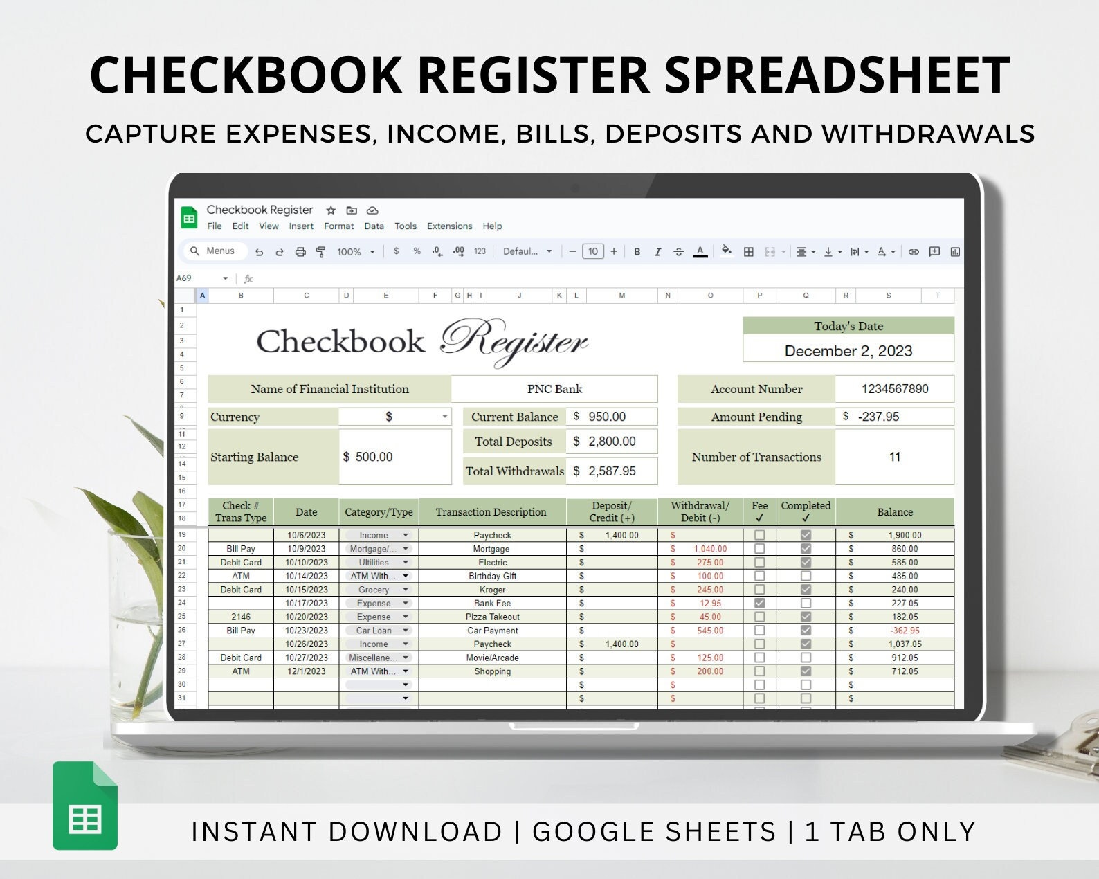Digital Checkbook Register, Income and Expense Tracker, Spending Ledger ...