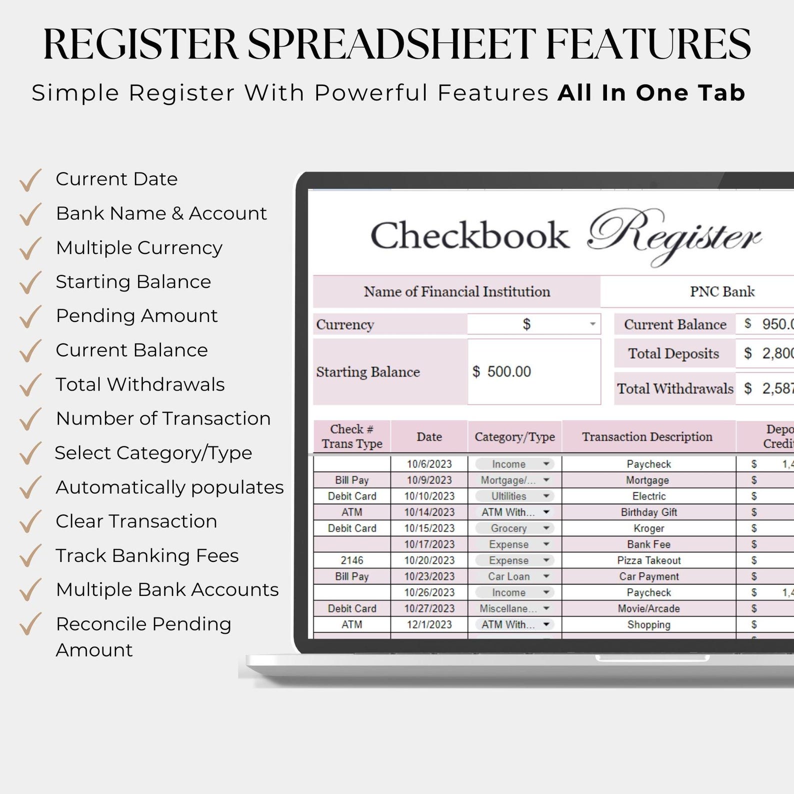 Excel Checkbook Register, Income and Expense Tracker, Pink Excel ...