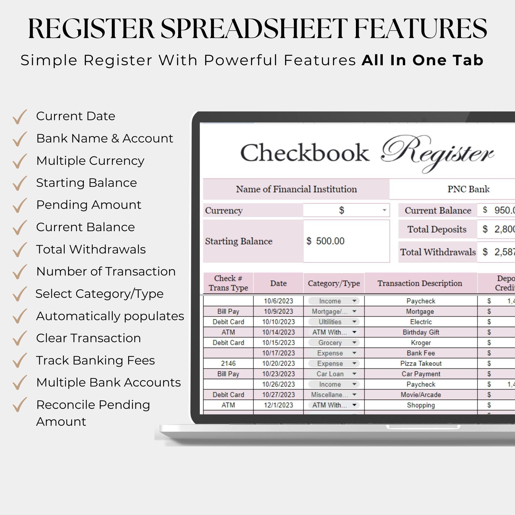 Excel Checkbook Register, Income and Expense Tracker, Pink Excel ...