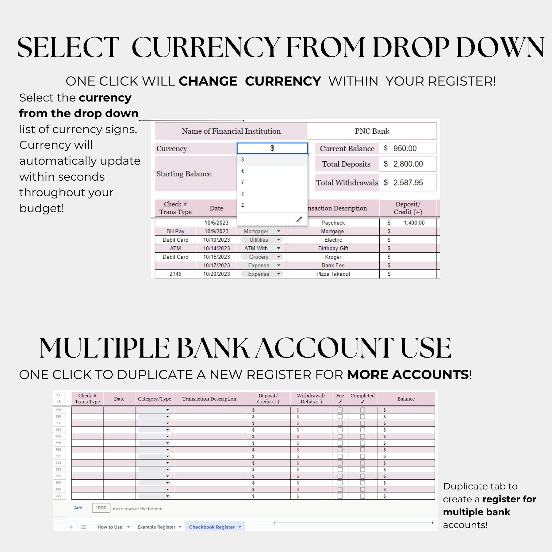 Excel Checkbook Register, Income and Expense Tracker, Pink Excel ...