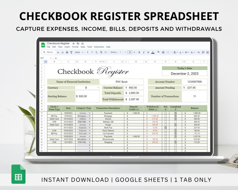 Digital Checkbook Register, Income and Expense Tracker, Spending Ledger ...