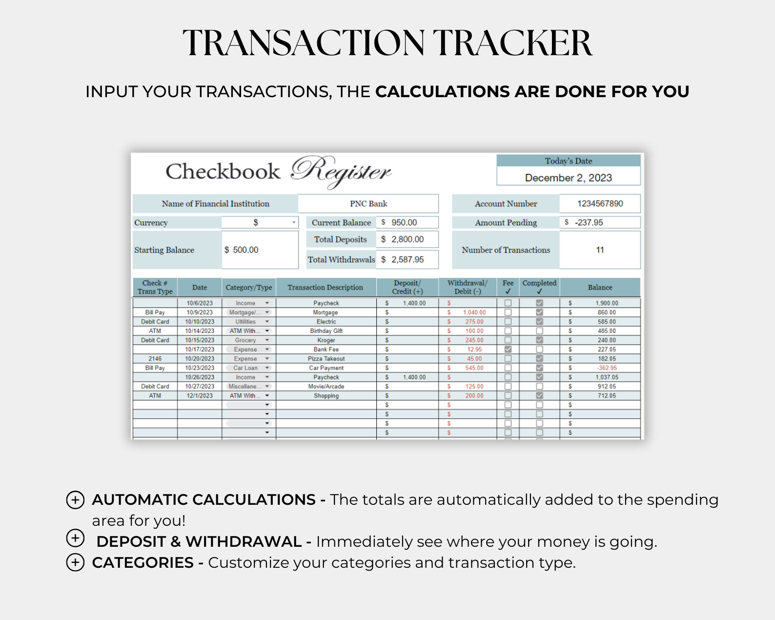 Digital Checkbook Register, Income and Expense Tracker, Spending Ledger ...