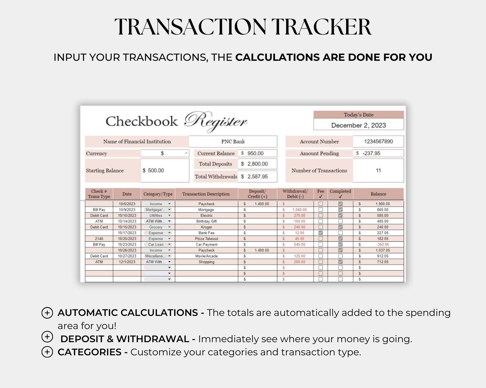 Digital Checkbook Register, Income and Expense Tracker, Spending Ledger ...