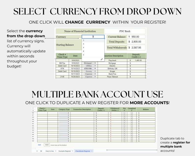 Digital Checkbook Register, Income and Expense Tracker, Spending Ledger ...