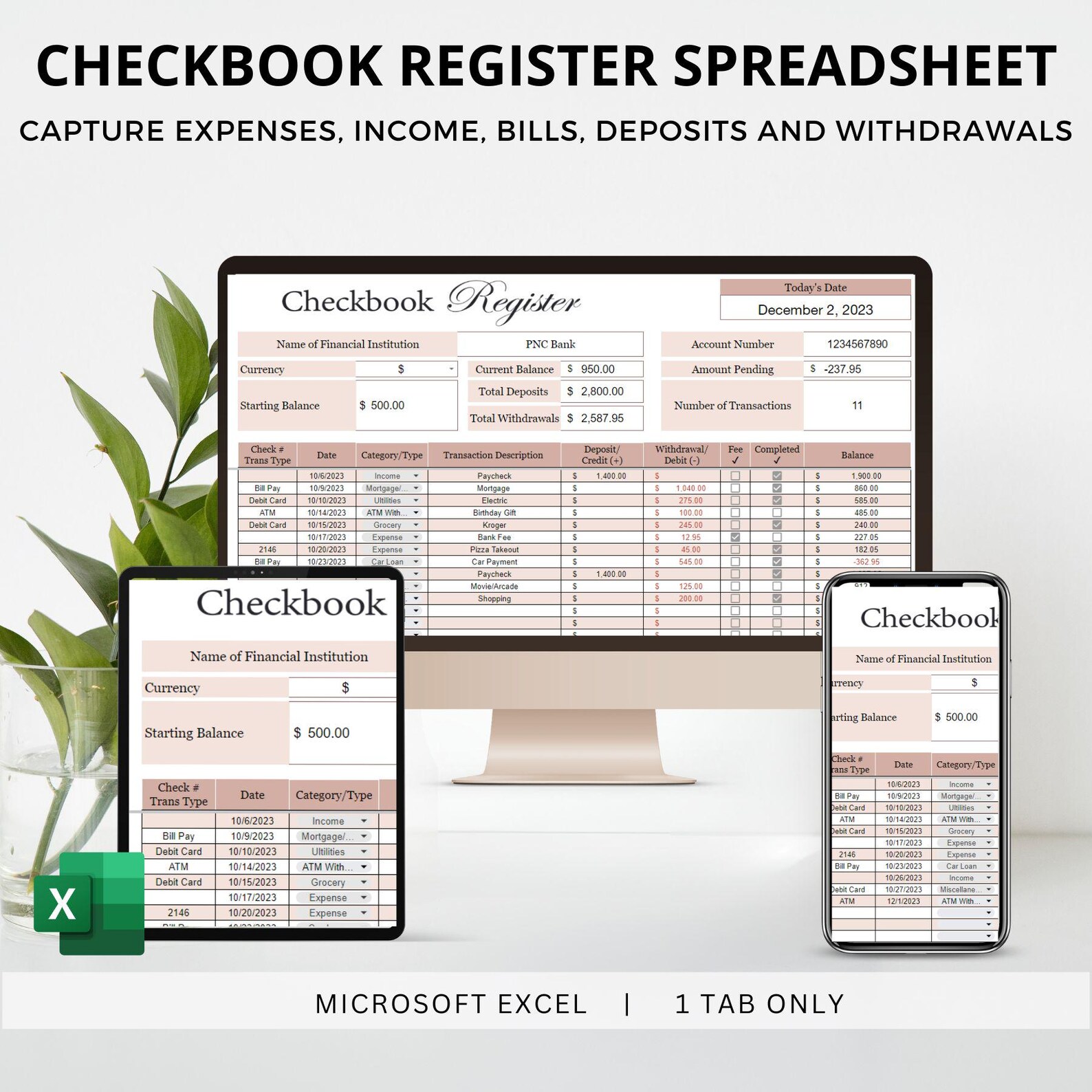 Excel Checkbook Register, Income and Expense Tracker, Brown Excel ...